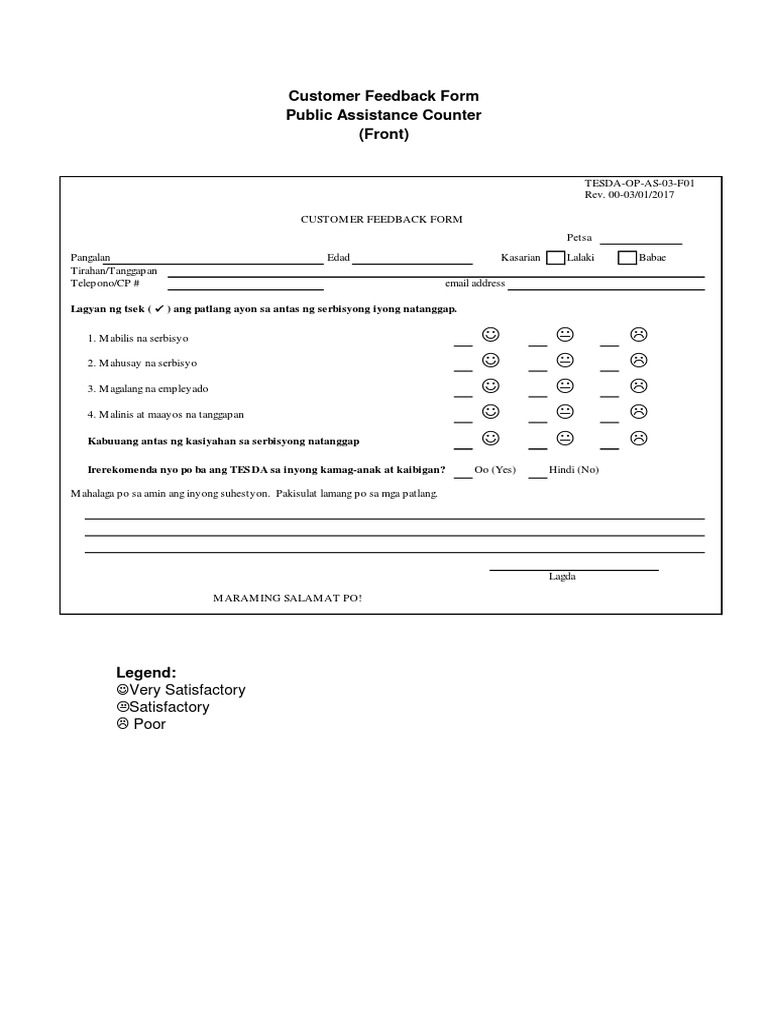 TESDA Customer Feedback Form | PDF | Business | Communication