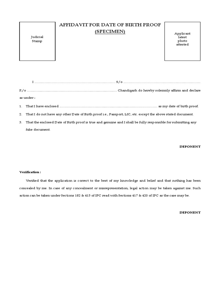 Affidavit For Date of Birth Proof (Specimen) : Deponent | PDF