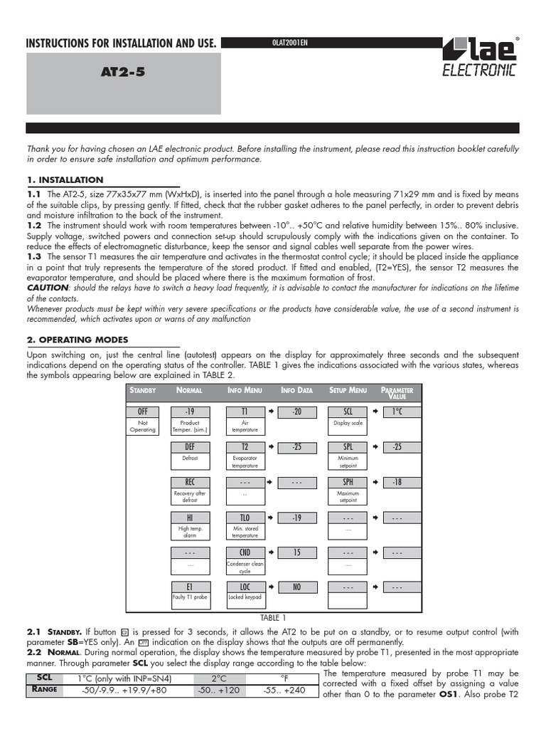 Instructions For Installation and Use. AT2-5 | PDF | Thermostat | Relay