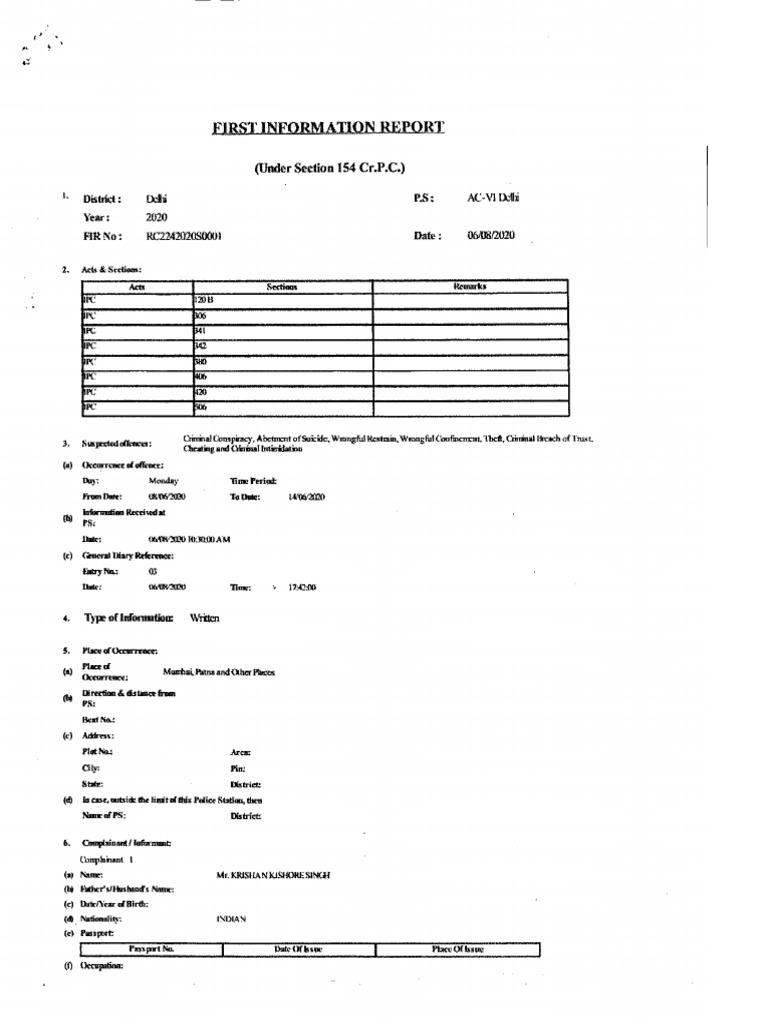CBI FIR Sushant Rajput Case PDF | Download Free PDF | Legal Action | National Security