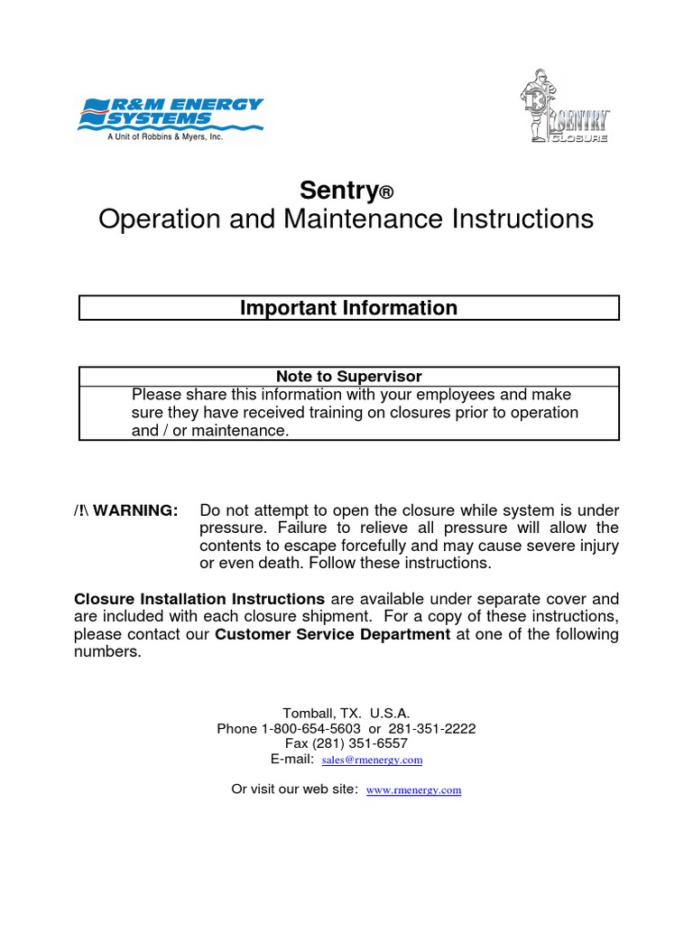 Operation and Maintenance Instructions: Sentry | PDF | Door ...