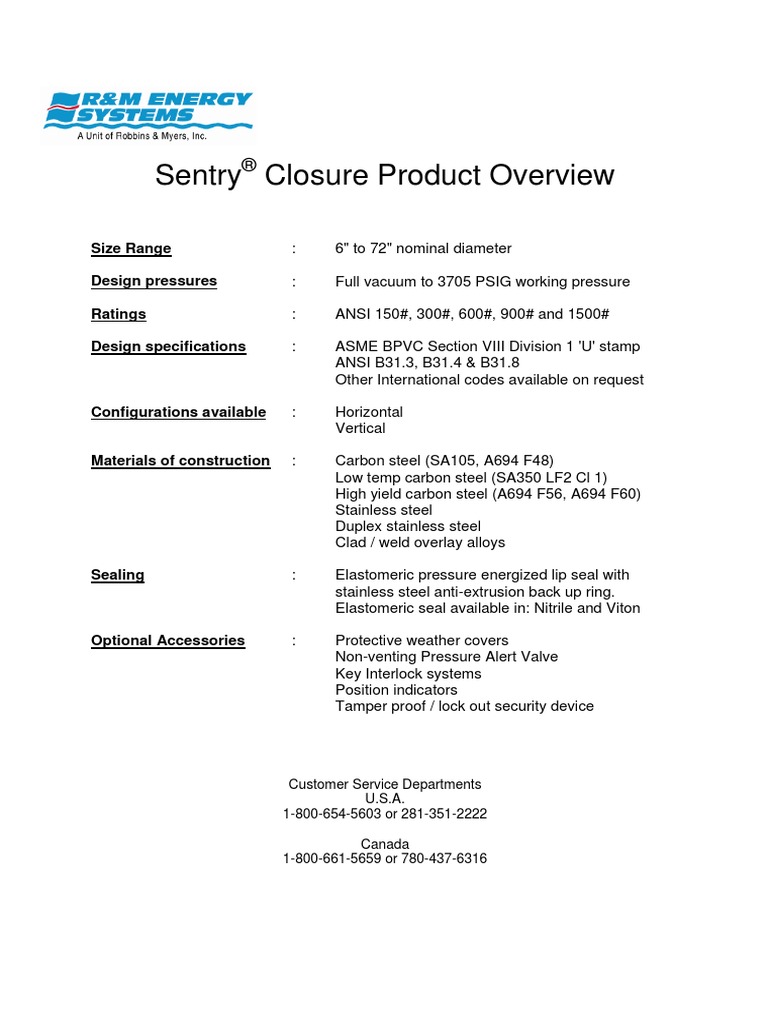 Sentry Closure Product Overview: Size Range Design Pressures Ratings Design Specifications | PDF
