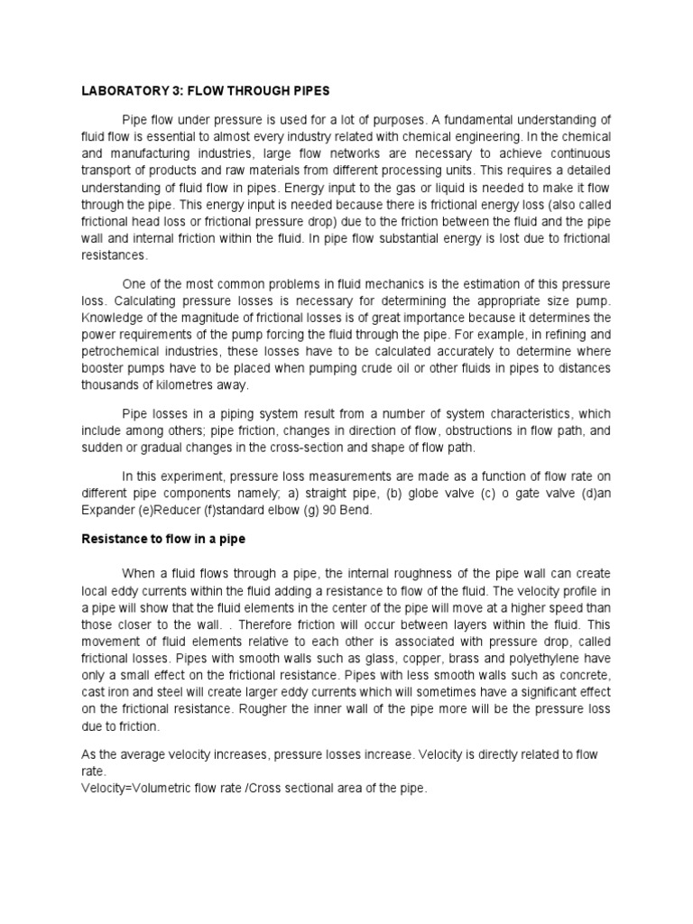 Lab Experiment 3 - Flow Through Pipes | PDF | Reynolds Number | Fluid ...