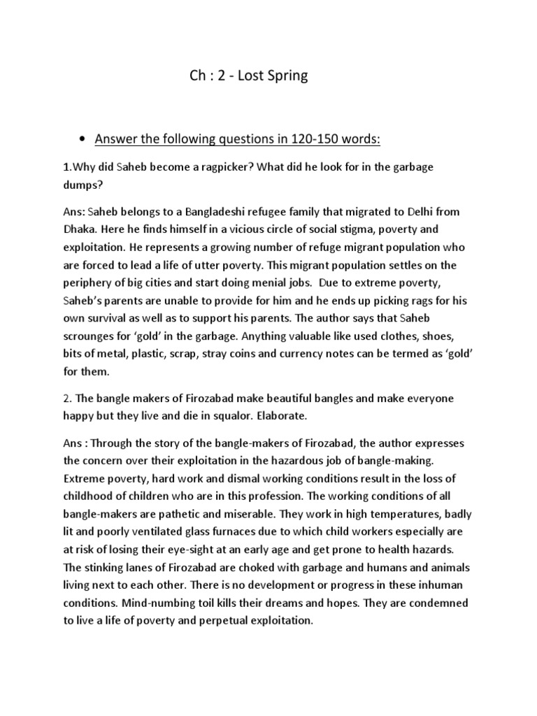 CH: 2 - Lost Spring: - Answer The Following Questions in 120-150 Words | PDF | Society | Poverty