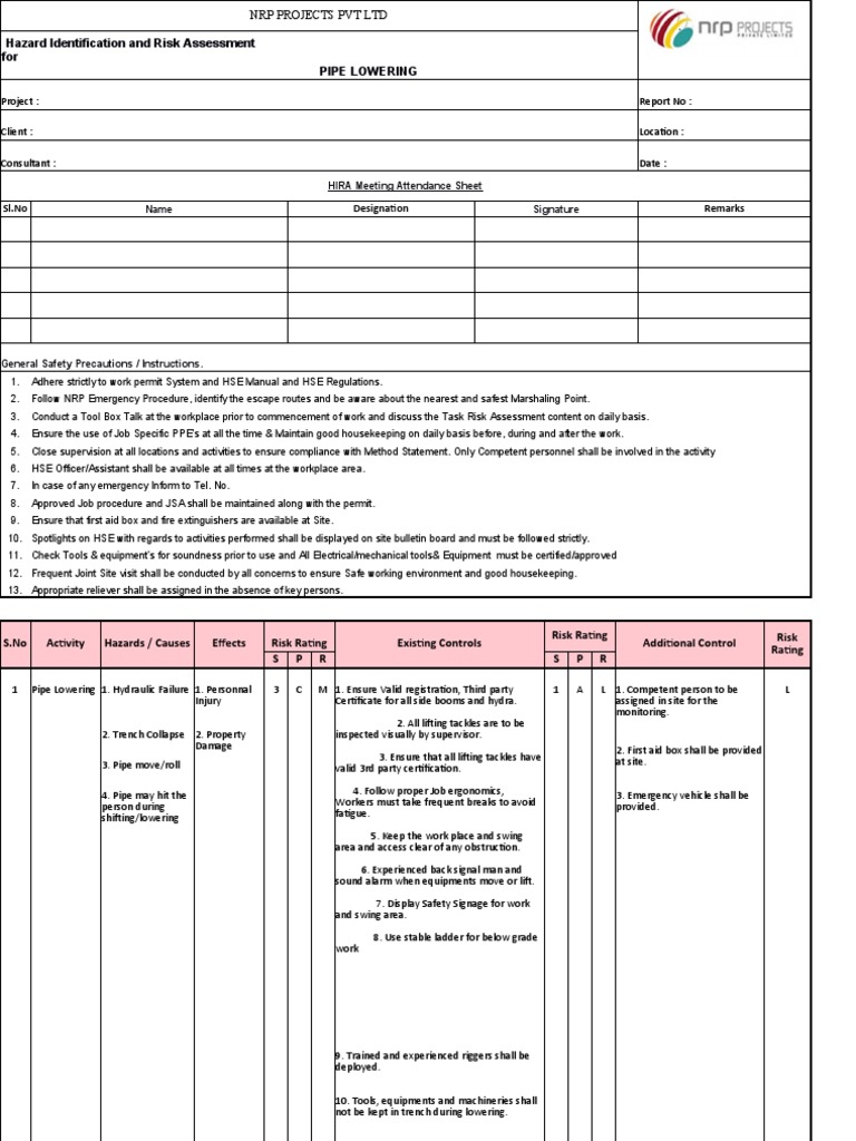 Hazard Identification and Risk Assessment For Pipe Lowering | PDF ...