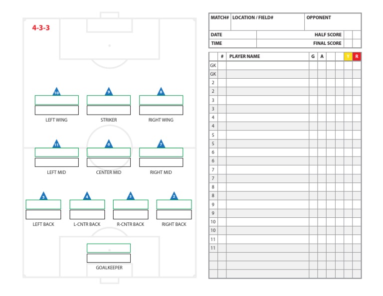 High School Soccer Lineup Sheet 11v11 433 Players Subs Fillable | PDF