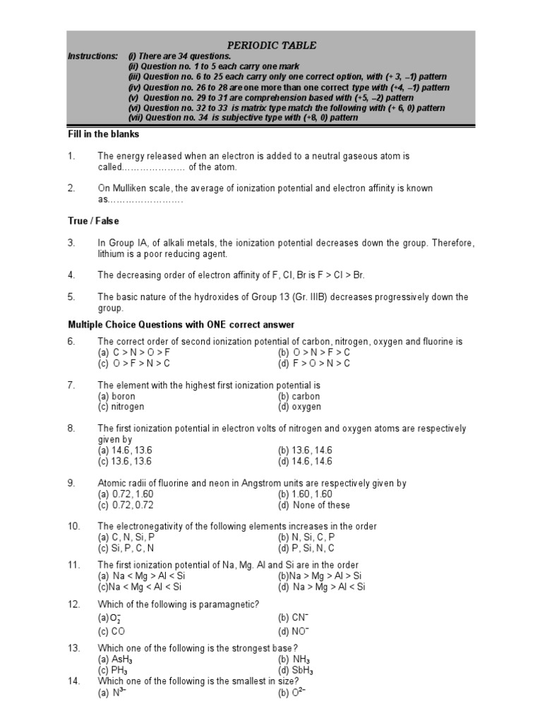 PERIODIC TABLE Test | PDF | Ion | Silicon