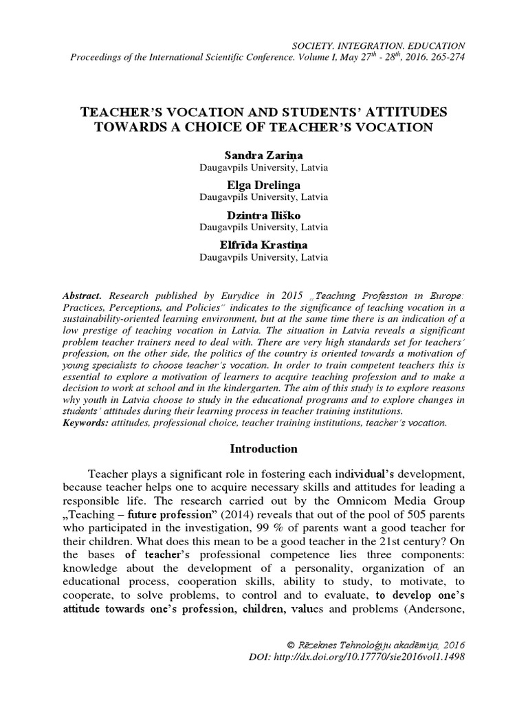 Teacher'S Vocation and Students' Attitudes Towards A Choice of Teacher ...
