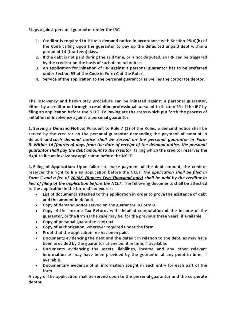Steps for Personal Guarantor IBC Process | PDF | Bankruptcy | Liability ...