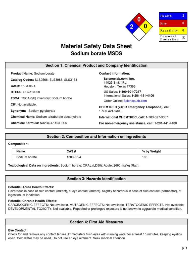 Sodium Borate MSDS: Section 1: Chemical Product and Company Identification | PDF | Toxicity ...