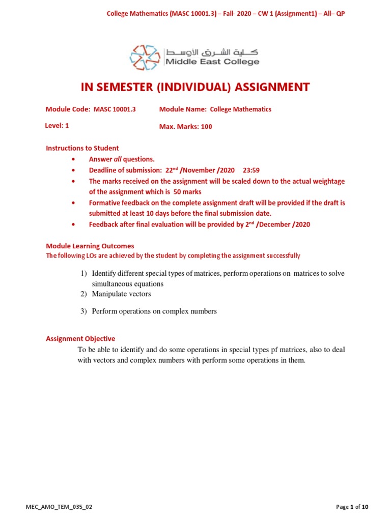 In Semester (Individual) Assignment: Module Code: Module Name: Level: 1 ...
