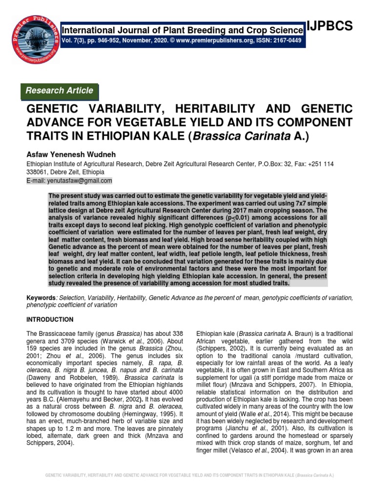 Genetic Variability, Heritability and Genetic Advance For Vegetable Yield and Its Component ...