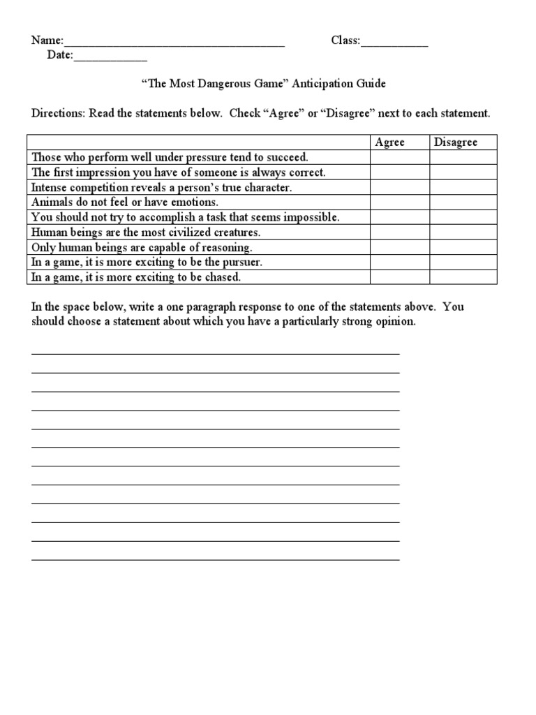 Anticipation Guide for "The Most Dangerous Game" | PDF | Games & Activities