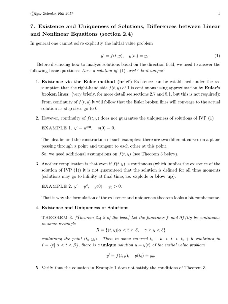 Existence and Uniqueness of Solutions, Differences Between Linear and ...