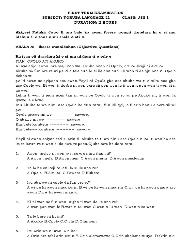 Yoruba Language Exam Past Questions For Junior Secondary School | PDF ...
