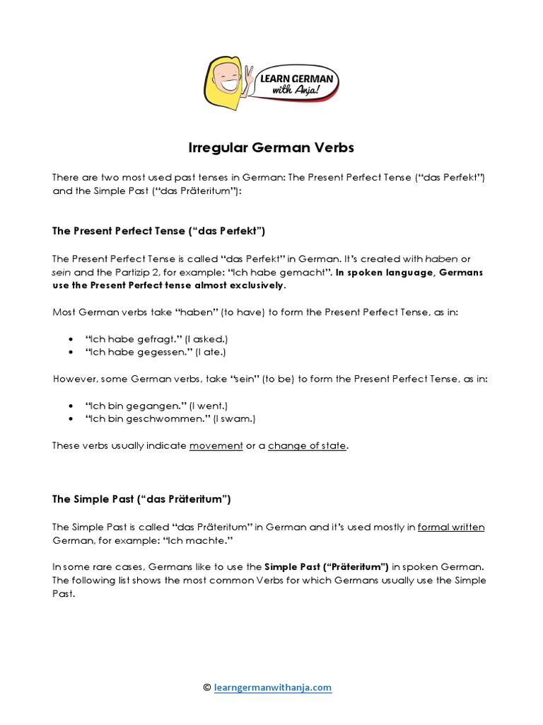 Irregular German Verbs: The Present Perfect Tense ("Das Perfekt") | PDF ...