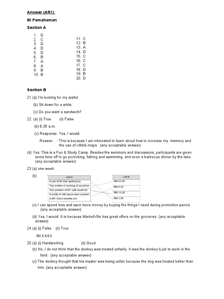 Answer (AR1) BI Pemahaman Section A | PDF | Foods