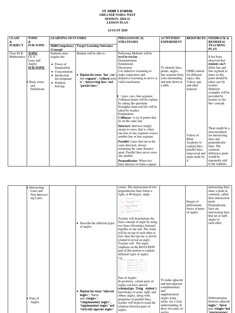Lesson Plan Lines and Angles | PDF | Mathematical Proof | Logic