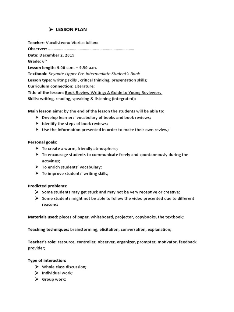 Book Review Writing for 6th Grade | PDF | Lesson Plan | Teachers