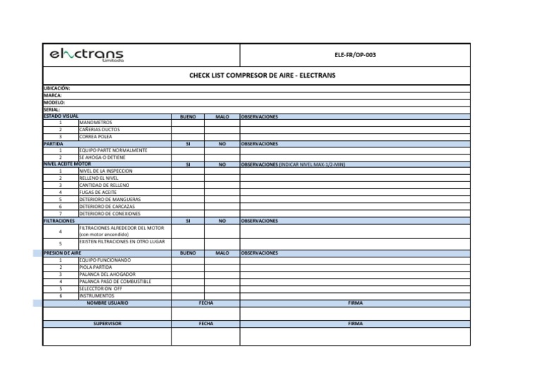 003 Checklist Compresor de Aire | PDF