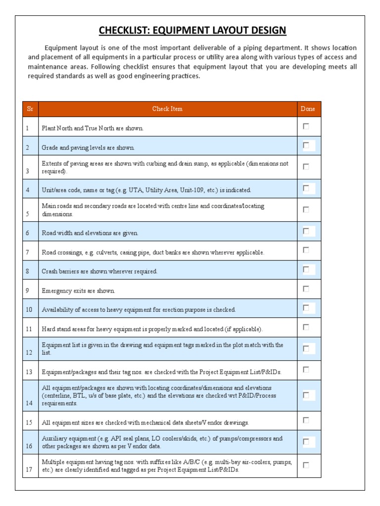 Checklist Equipment Layout Design | PDF | 3 D Computer Graphics | Pipe ...