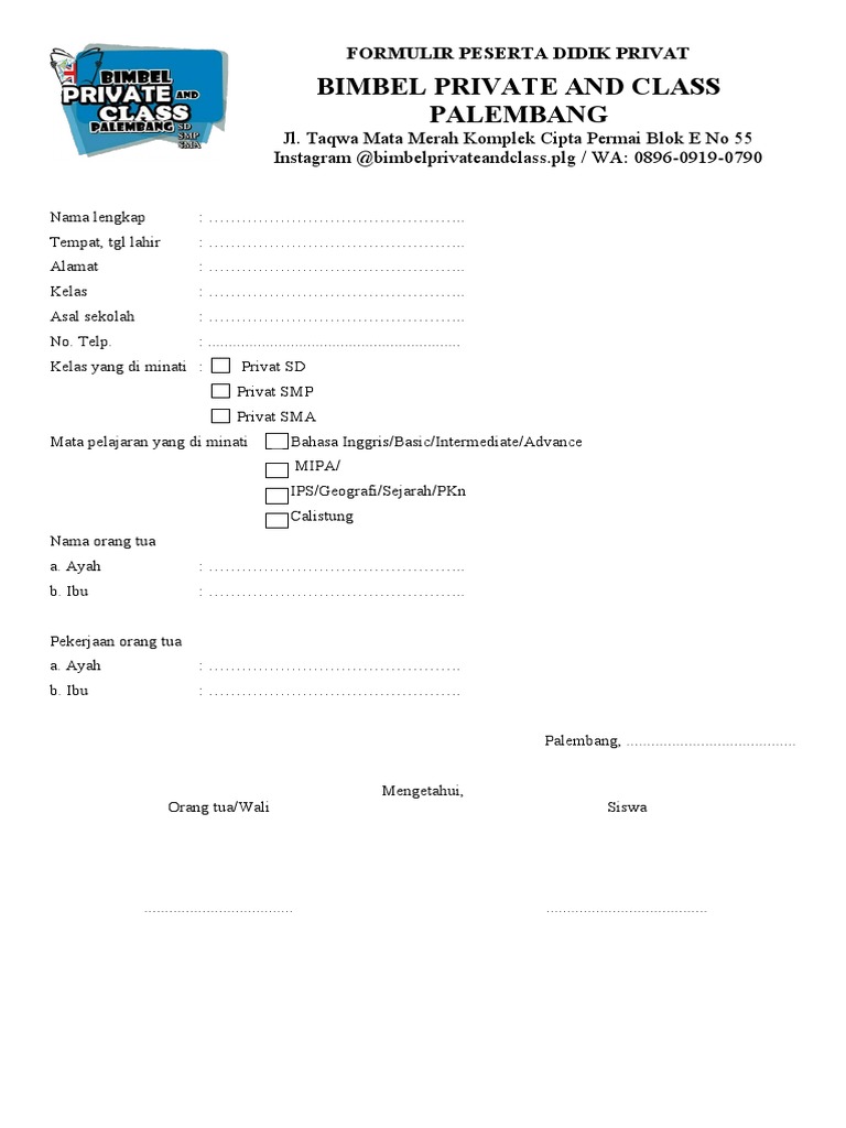 Formulir Pendaftaran Bimbel Alphabet | PDF
