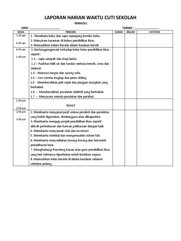 Laporan Harian Waktu Persekolahan PPM Ppki Cuti Sek | PDF