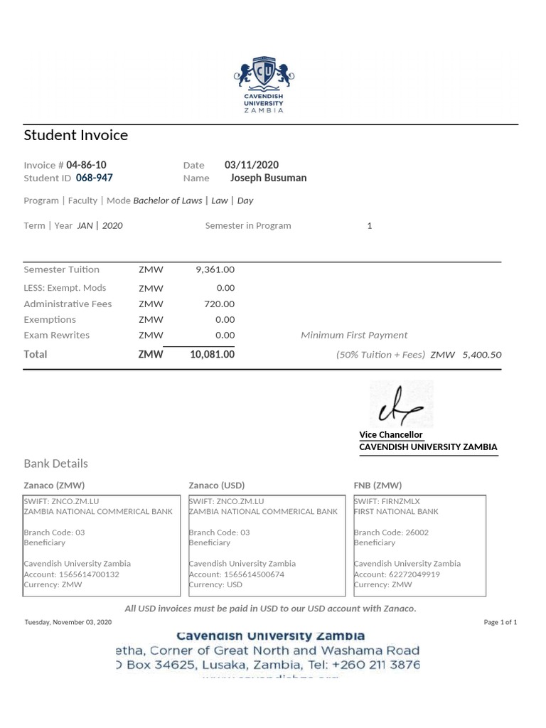 Cavendish University Student Invoice 2020 | PDF