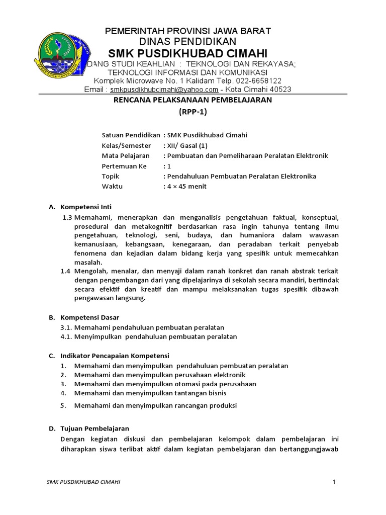 1-RPP PEMBUATAN DAN PEMELIHARAAN KELAS XII Elind 2018-2019 | PDF