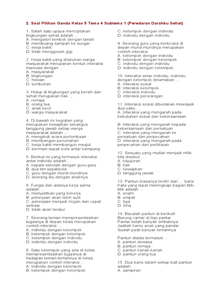 Soal Latihan Kelas 5 Tema 4 Subtema 1 | PDF | Seni & Disiplin Bahasa