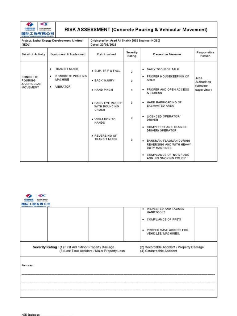 RISK ASSESSMENT (Concrete Pouring & Vehicular Movement) | PDF ...
