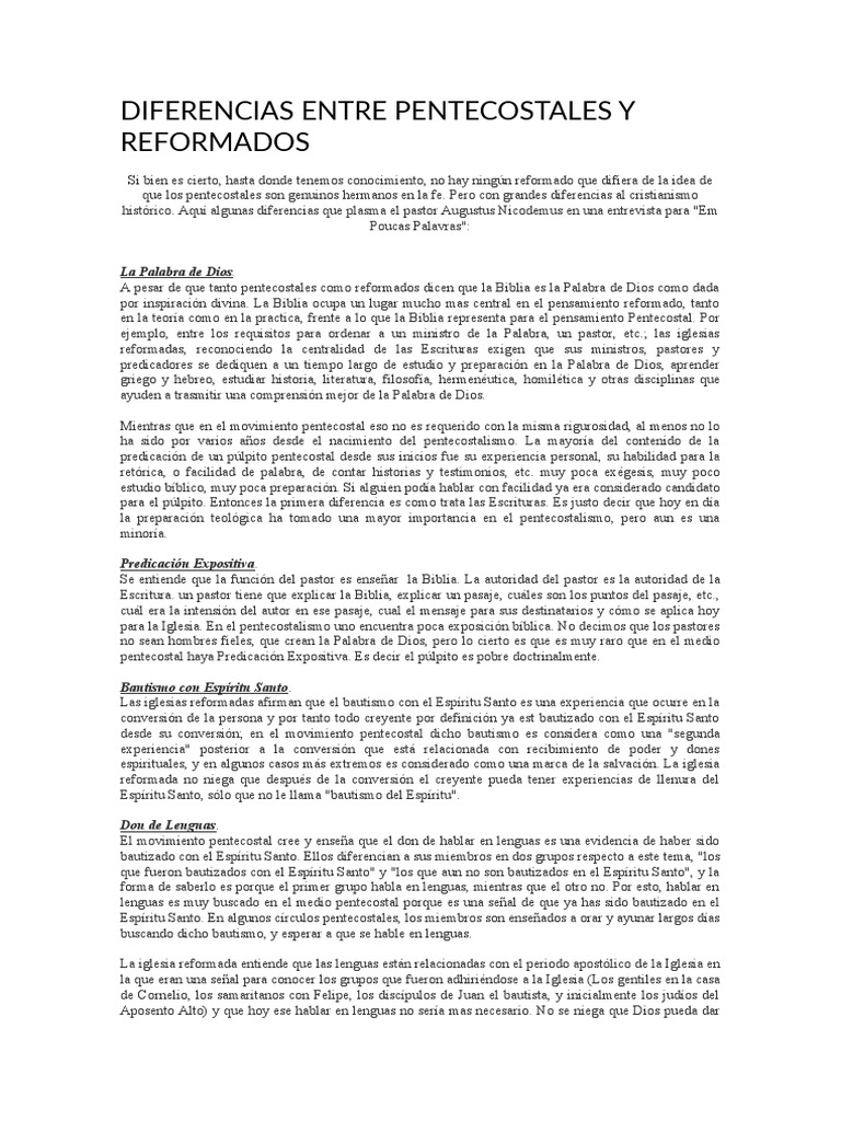 Diferencias Entre Pentecostales y Reformados | PDF | Bautismo Con El ... Diferencias Entre Pentecostales y Reformados | PDF | Bautismo Con El ...