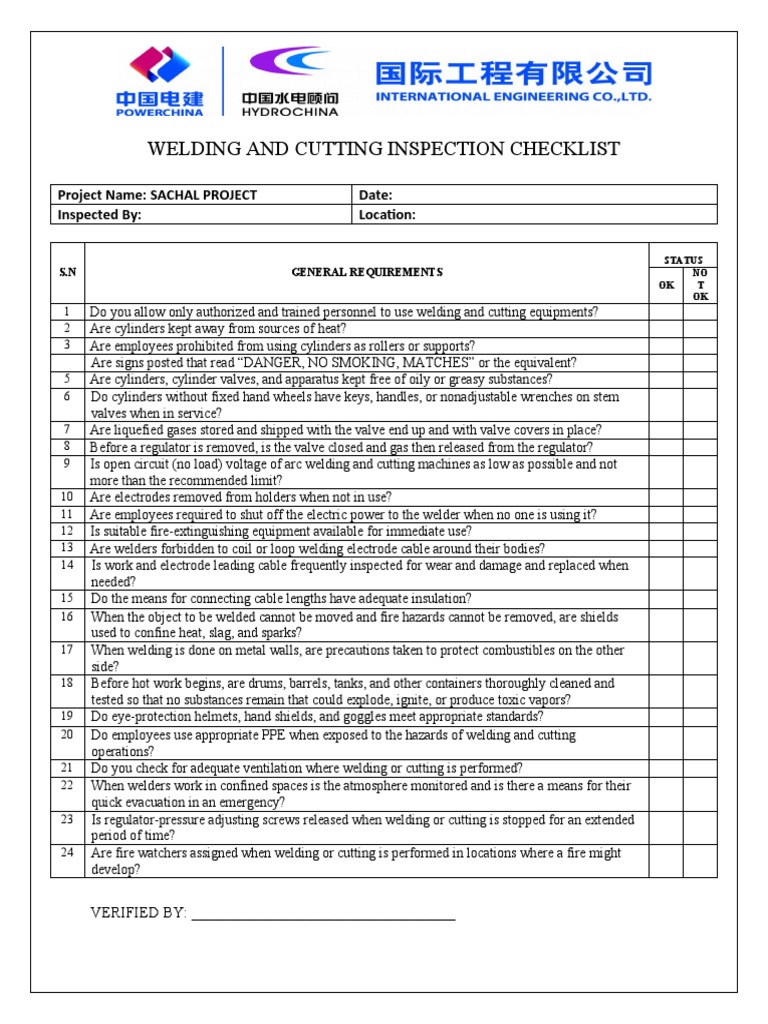 Welding and Cutting Inspection Checklist: Project Name: SACHAL PROJECT ...