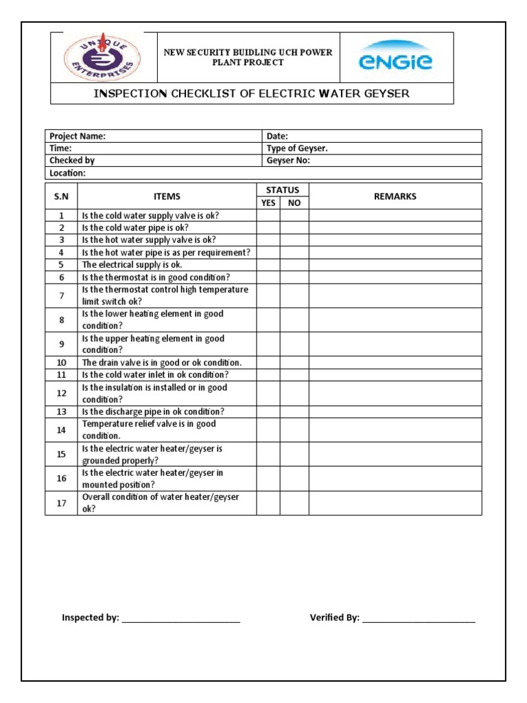 Electric Water Geyser Inspection Checklist | PDF
