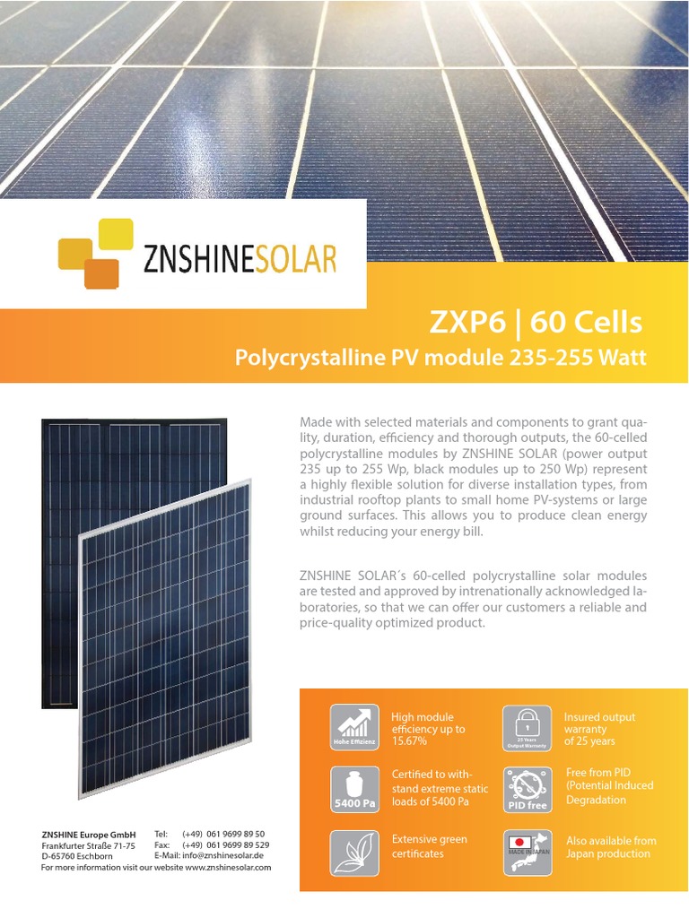 ZXP6 - 60 Cells: Polycrystalline PV Module 235-255 Watt | PDF | Solar ...