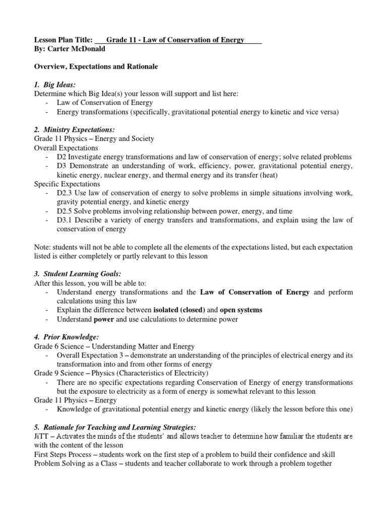 Lesson Plans - Conservation of Energy - Carter Mcdonald | PDF | Lecture | Teachers