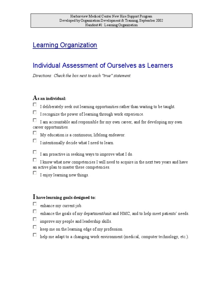 Learning Organization: Individual Assessment of Ourselves As Learners ...
