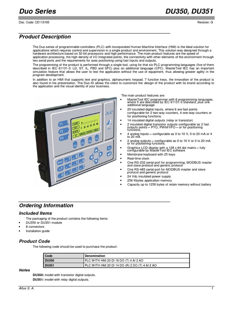 Duo Series DU350, DU351: Product Description | PDF | Relay | Power Supply