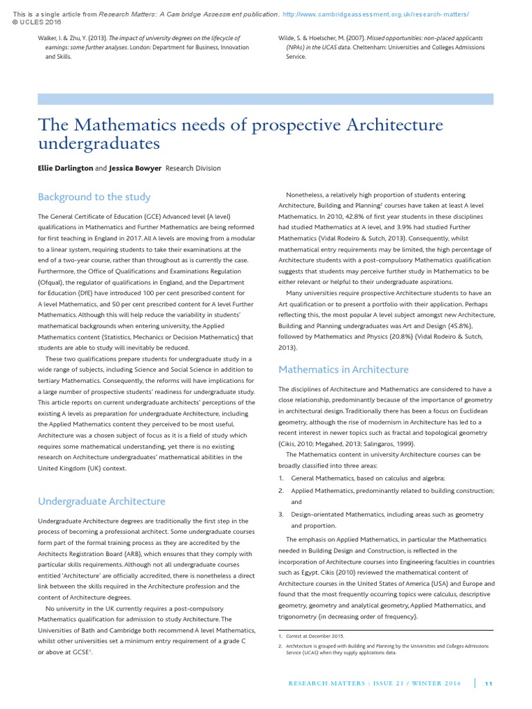 The Mathematics Needs of Prospective Architecture Undergraduates | PDF ...