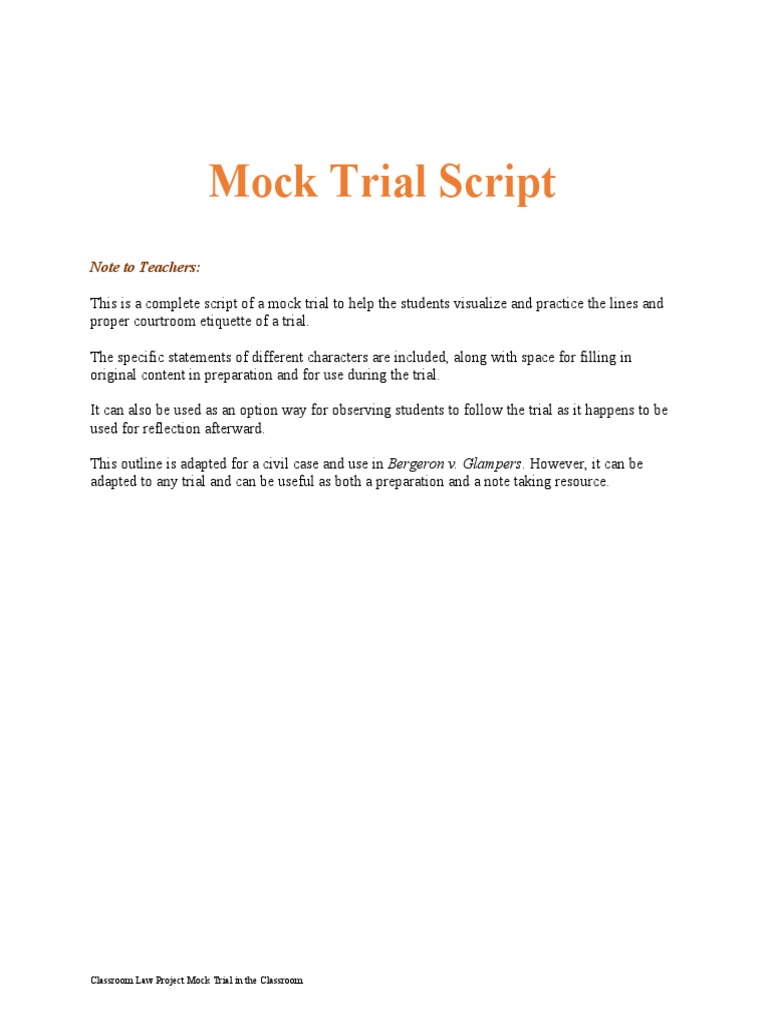 Mock Trial Script: Note To Teachers | PDF | Witness | Verdict