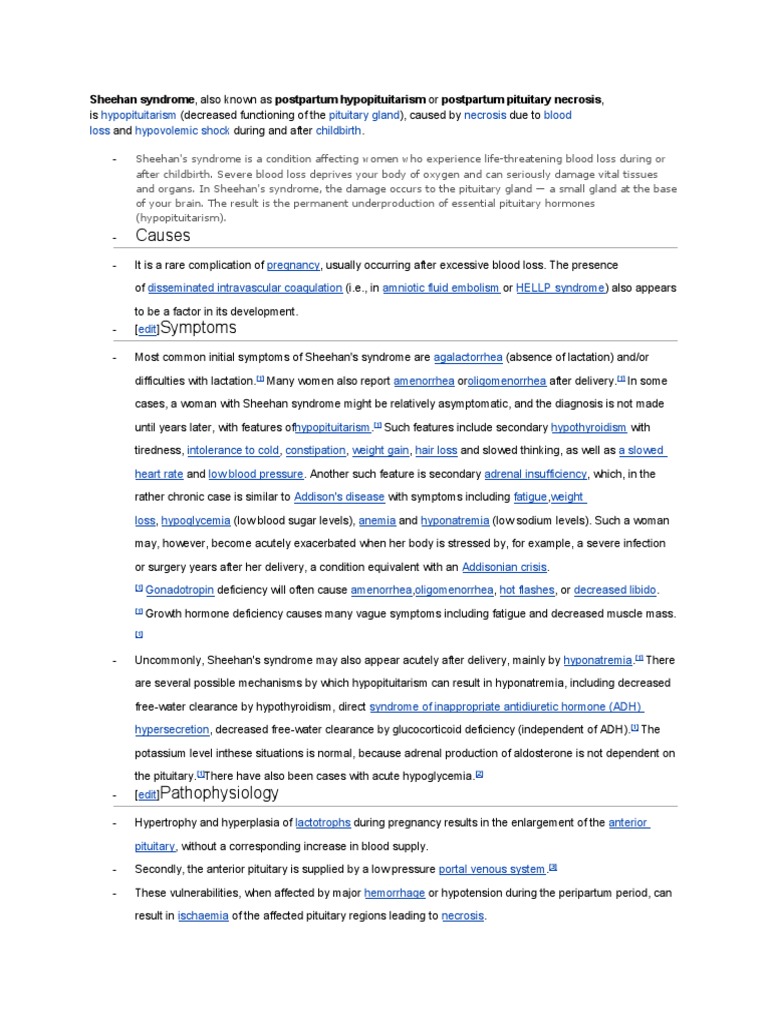 Causes: Sheehan Syndrome, Also Known As Postpartum Hypopituitarism or ...