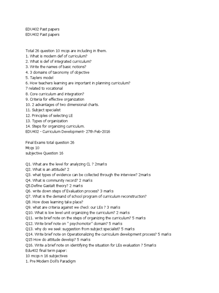 EDU402 Past Papers: 26 Questions and MCQs for Curriculum Development ...
