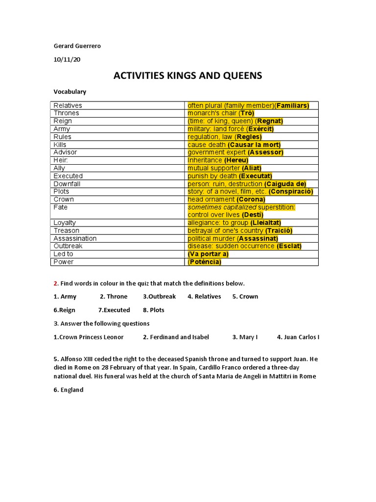 Kings and Queens Vocabulary Guide | PDF
