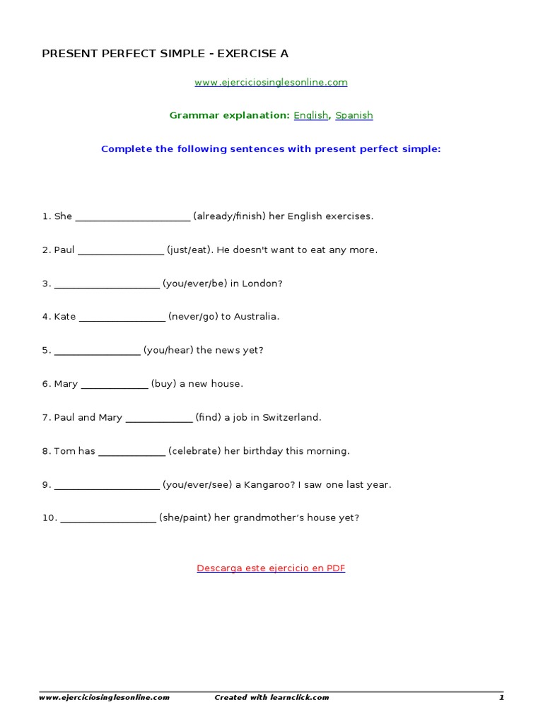 Present Perfect Simple - Exercise A PDF | PDF