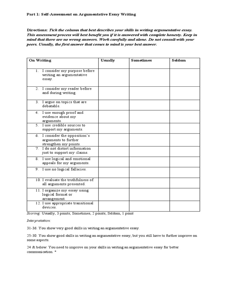 Self-Assessment Argumentative Essay Writing | PDF