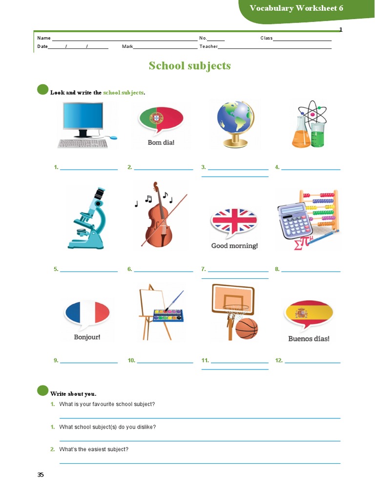 Vocabulary Worksheet for School Subjects | PDF