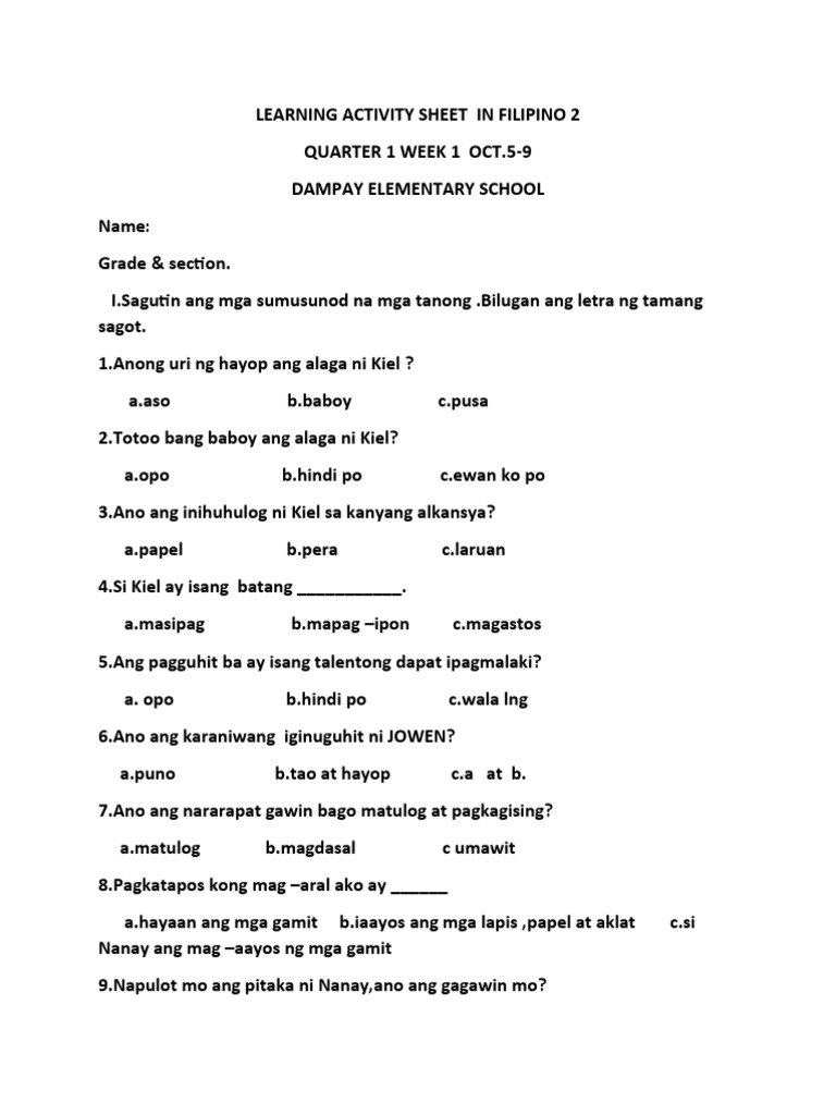 Learning Activity Sheet In Filipino 2 PDF