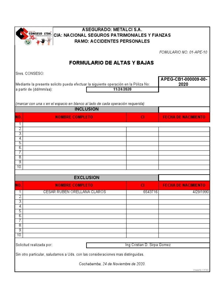 Formulario Altas y Bajas | PDF