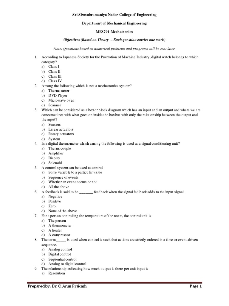 ME8791 Mechatronics Objectives Questions | PDF | Servomechanism | Programmable Logic Controller