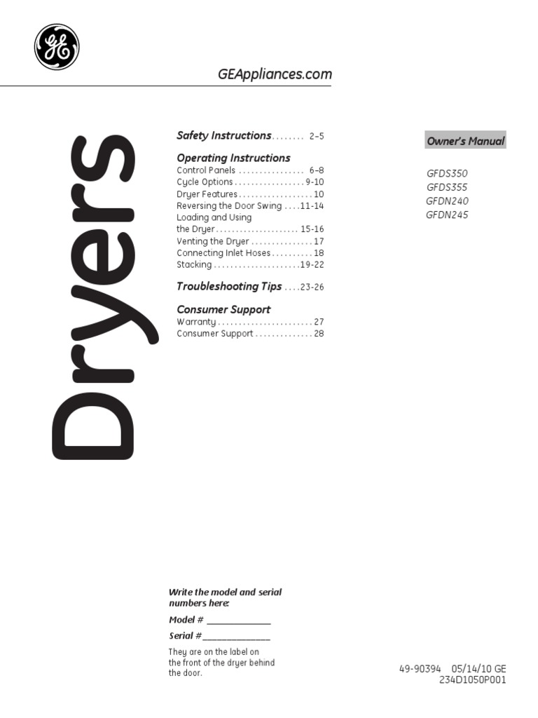 General Electric Gfdn240elww Use and Care Manual | PDF | Clothes Dryer ...